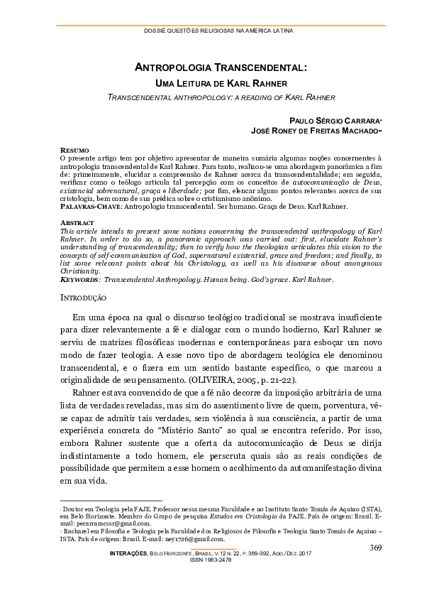 (PDF) ANTROPOLOGIA TRANSCENDENTAL: UMA LEITURA DE KARL RAHNER