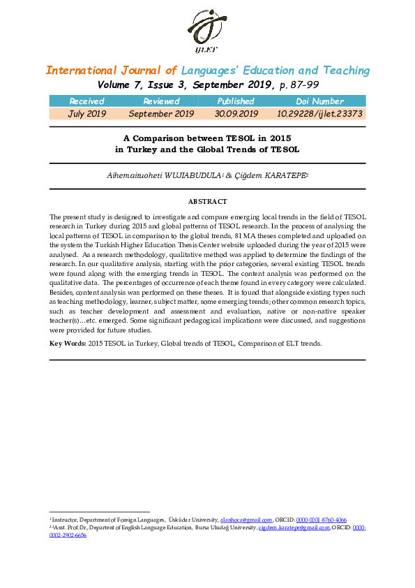 (PDF) A Comparison between TESOL in 2015 in Turkey and the Global ...