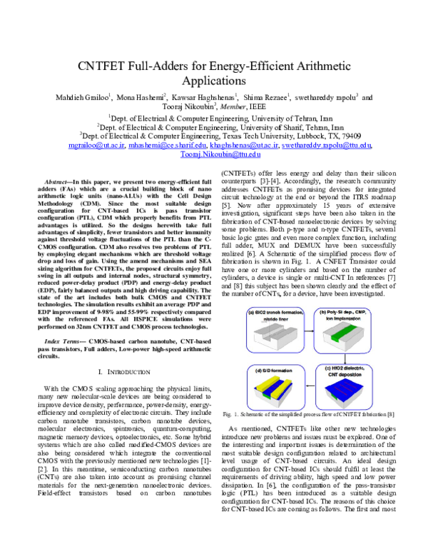 (PDF) CNTFET Full-Adders for Energy-Efficient Arithmetic Applications