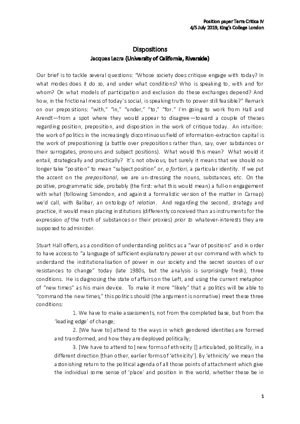 (PDF) Position Paper on Dispositions at Terra Critica IV