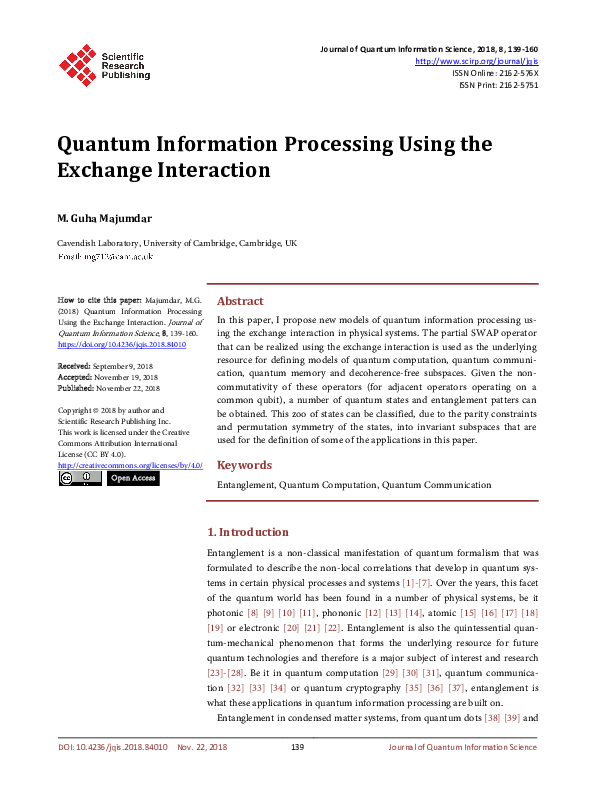 (PDF) Quantum Information Processing Using the Exchange Interaction