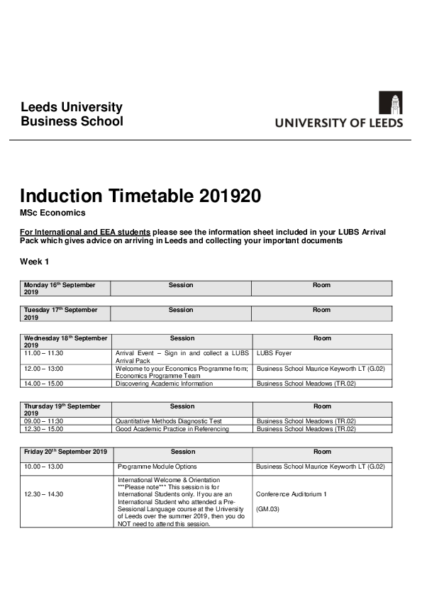 (PDF) MSc Econ Student Induction Timetable 201920 V6a