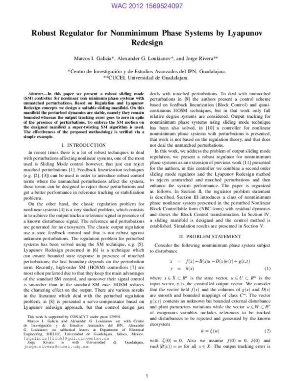 (PDF) Robust regulator for nonminimum phase systems by Lyapunov Redesign