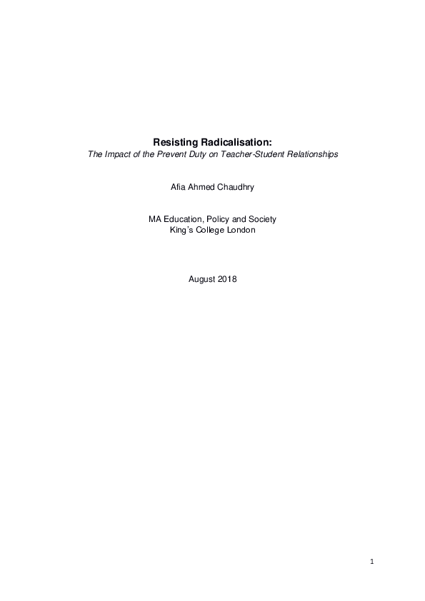 (PDF) Resisting Radicalisation: The Impact of the Prevent Duty on Teacher-Student Relationships