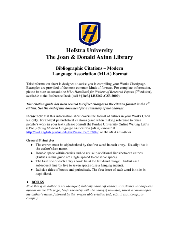 (PDF) Bibliographic Citations -Modern Language Association (MLA) Format