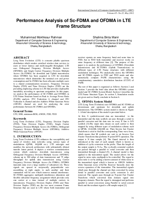 (PDF) Performance Analysis of Sc-FDMA and OFDMA in LTE Frame Structure General Terms