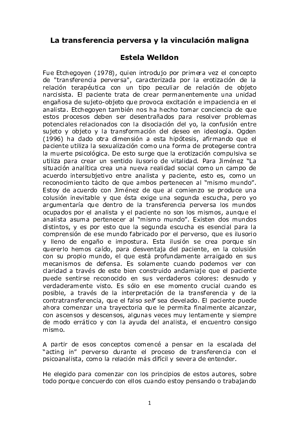 (PDF) La transferencia perversa y la vinculación maligna