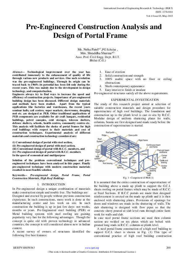 (PDF) Pre-Engineered Construction Analysis and Design of Portal Frame