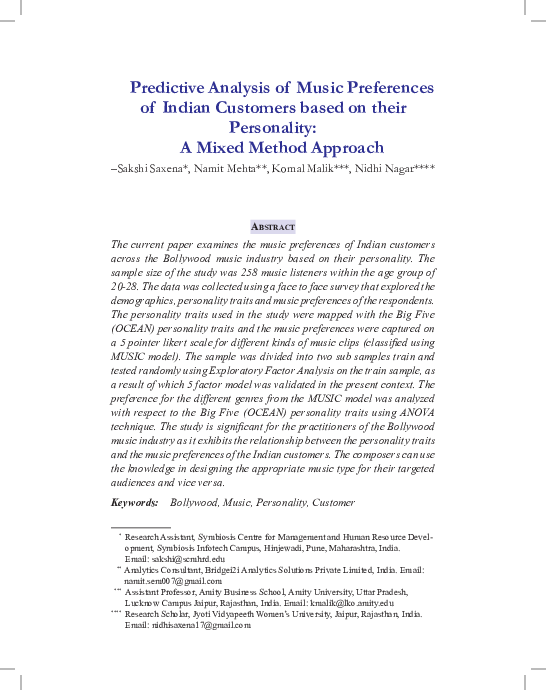 (PDF) Predictive Analysis of Music Preferences of Indian Customers ...