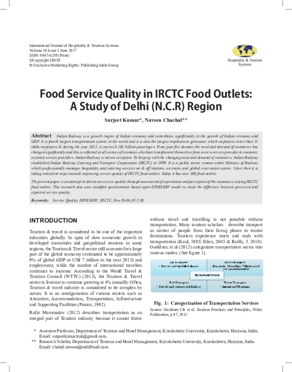 (PDF) Food Service Quality in IRCTC Food Outlets: A Study of Delhi (N.C ...