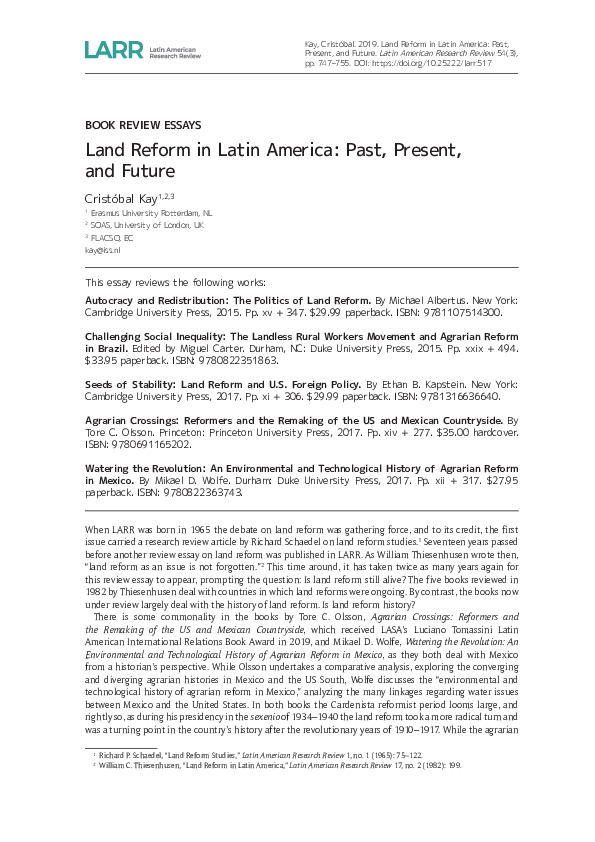 (PDF) Land Reform in Latin America: Past, Present, and Future