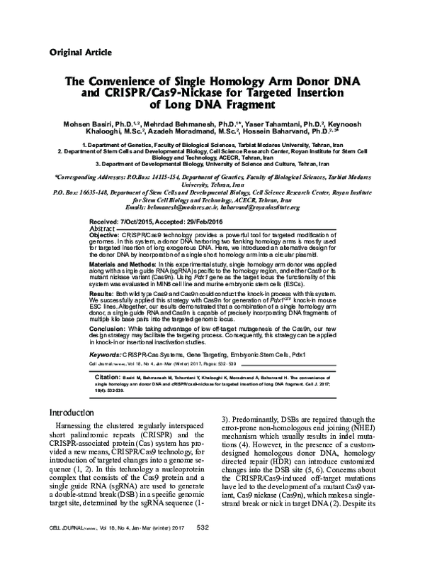 (PDF) The Convenience of Single Homology Arm Donor DNA and CRISPR/Cas9 ...