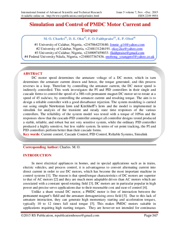 (PDF) Simulation and Control of PMDC Motor Current and Torque