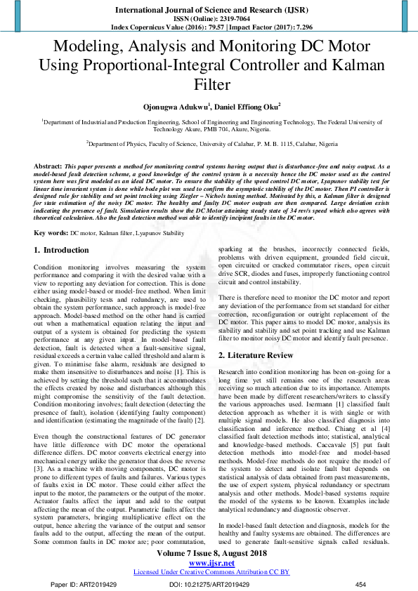 (PDF) Modeling, Analysis and Monitoring DC Motor Using Proportional ...