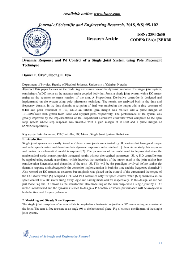 Pdf Dynamic Response And Pd Control Of A Single Joint System Using Pole Placement Technique