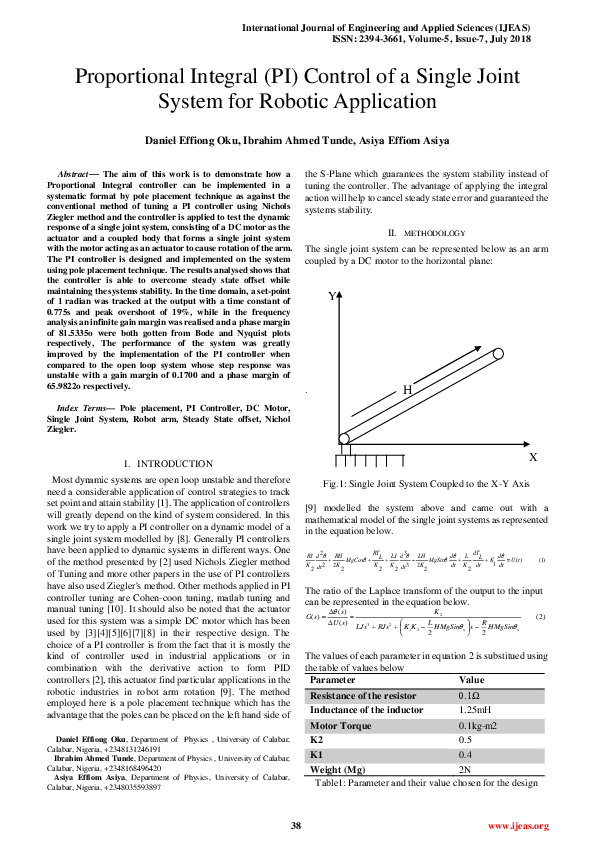 (PDF) Proportional Integral (PI) Control of a Single Joint System for ...
