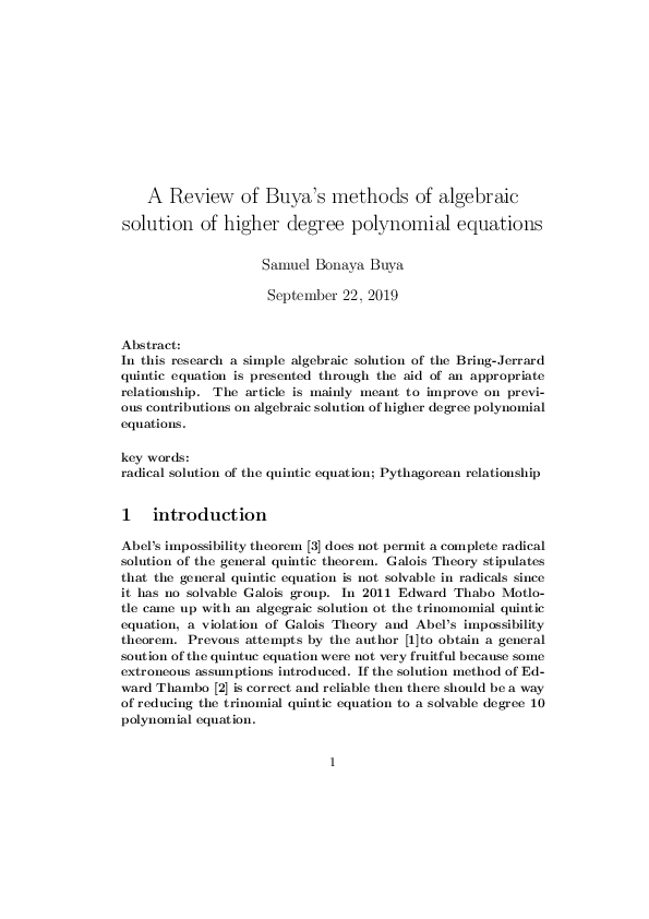 (PDF) A simple algebraic solution of quintic equation