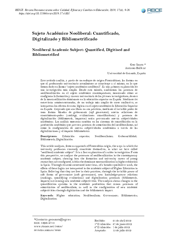 (PDF) Sujeto Académico Neoliberal: Cuantificado, Digitalizado y ...