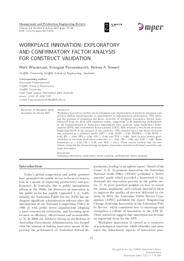 (PDF) WORKPLACE INNOVATION: EXPLORATORY AND CONFIRMATORY FACTOR ANALYSIS FOR CONSTRUCT VALIDATION