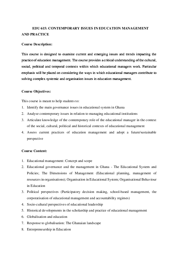 (DOC) EDU 615: CONTEMPORARY ISSUES IN EDUCATION MANAGEMENT AND PRACTICE ...