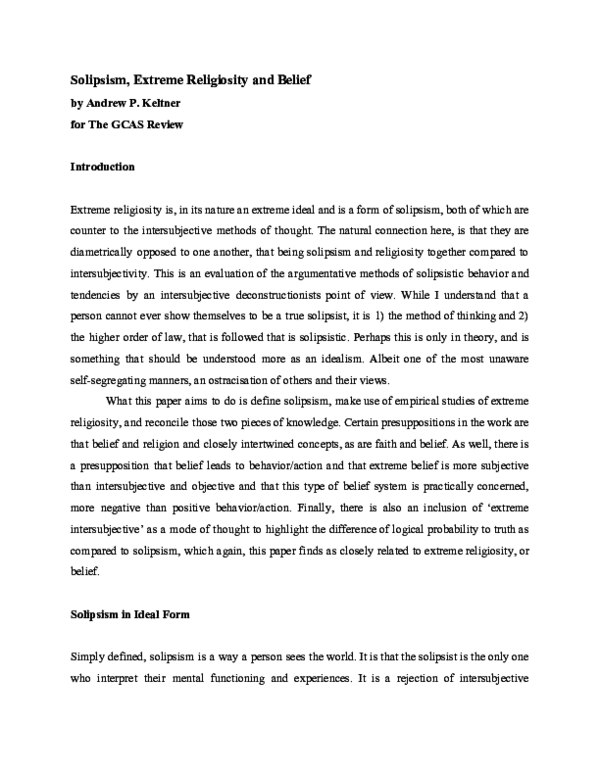 (PDF) Solipsism, Extreme Religiosity and Belief