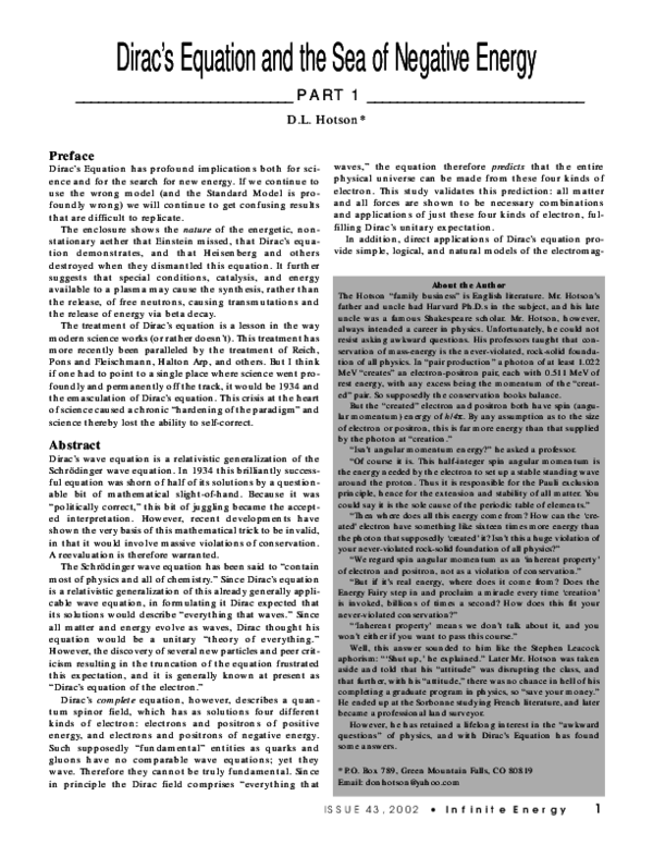 (PDF) Dirac's Equation and the Sea of Negative Energy