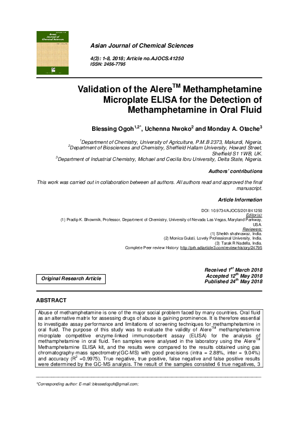 Pdf Validating Alere Tm Elisa For Methamphetamine In Saliva