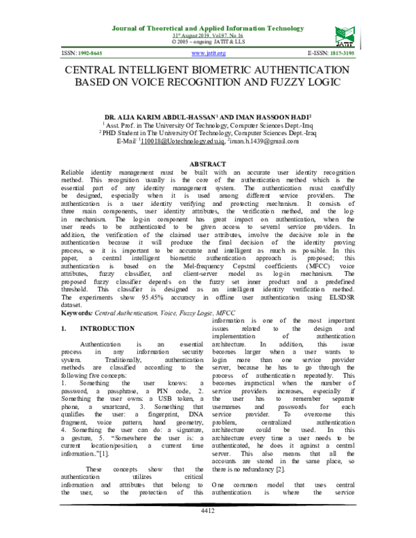 (PDF) CENTRAL INTELLIGENT BIOMETRIC AUTHENTICATION BASED ON VOICE RECOGNITION AND FUZZY LOGIC