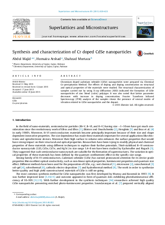 (PDF) Synthesis and characterization of Cr doped CdSe nanoparticles