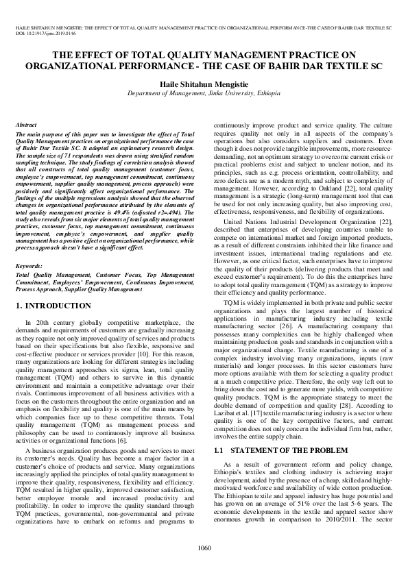 (PDF) The effect of total quality management practice and organizational performance