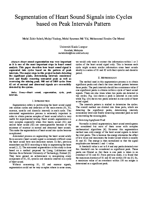 (PDF) Segmentation of Heart Sound Signals into Cycles based on Peak Intervals Pattern
