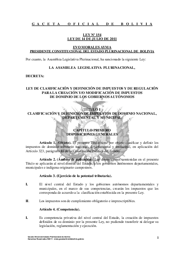 (PDF) Ley N° 154 CLASIFICACION DE IMPUESTOS