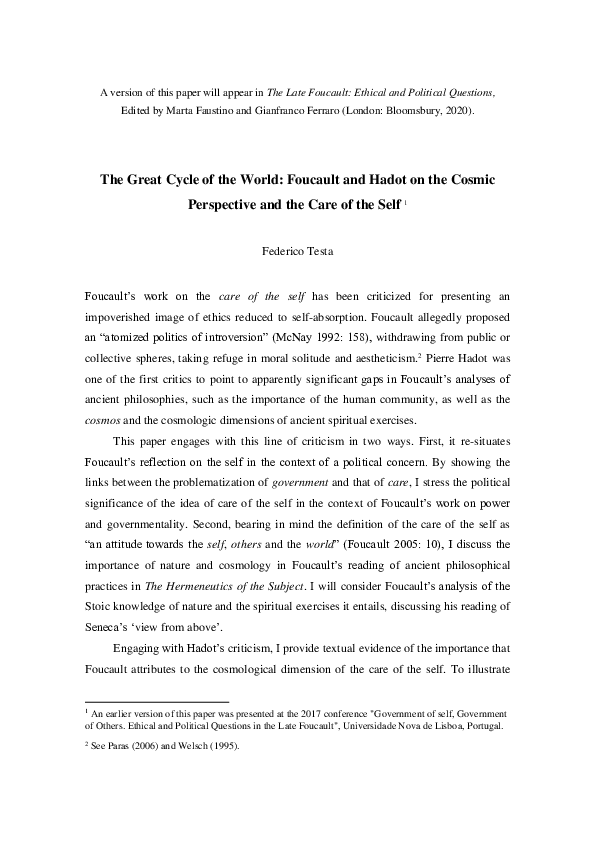 (PDF) The Great Cycle of the World: Foucault and Hadot on the Cosmic ...