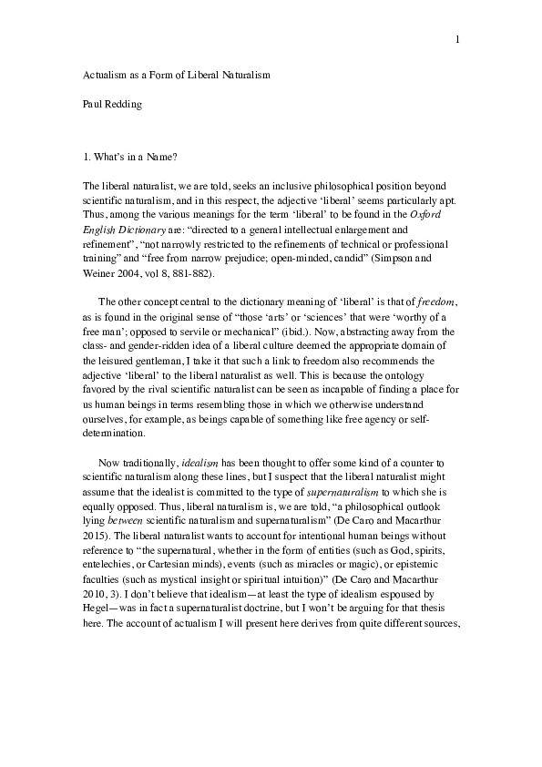 (PDF) Actualism as a Form of Liberal Naturalism--preprint
