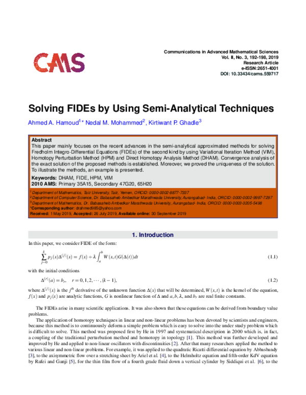 (PDF) Solving FIDEs by Using Semi-Analytical Techniques