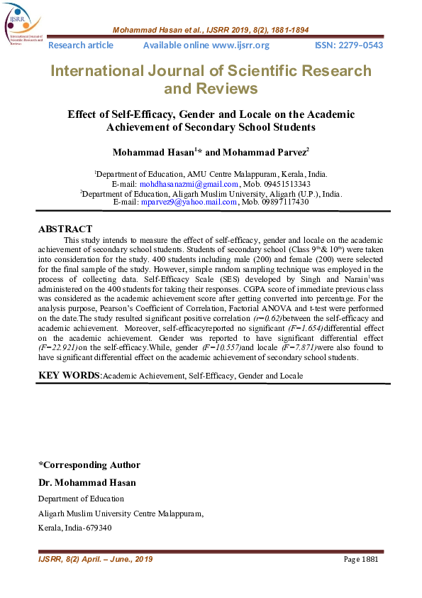 (PDF) Effect of Self-Efficacy, Gender and Locale on the Academic ...