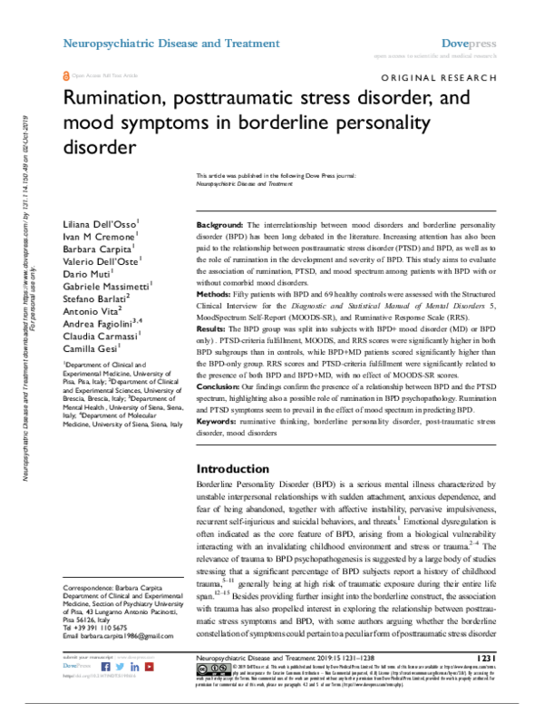 (PDF) Rumination, posttraumatic stress disorder, and mood symptoms in borderline personality ...