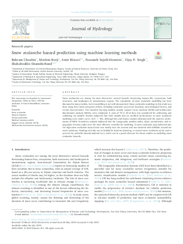 (PDF) Snow avalanche hazard prediction using machine learning methods