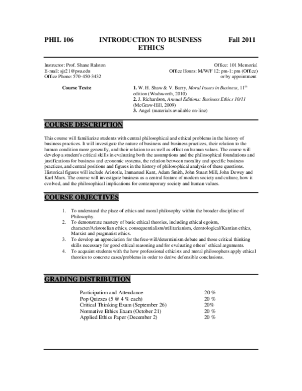 (PDF) PHIL106 Business Ethics (PSU)