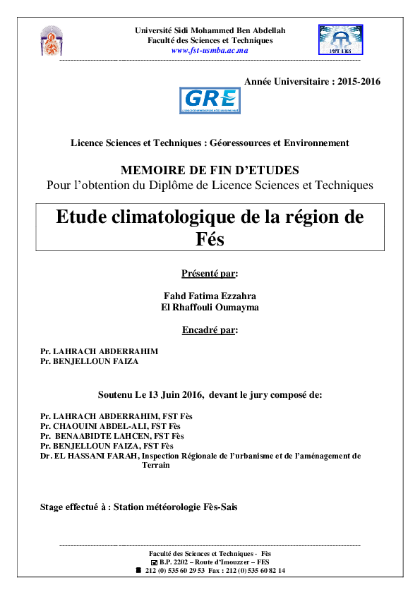 (PDF) Etude climatologique de la région de Fés Présenté par: Encadré par