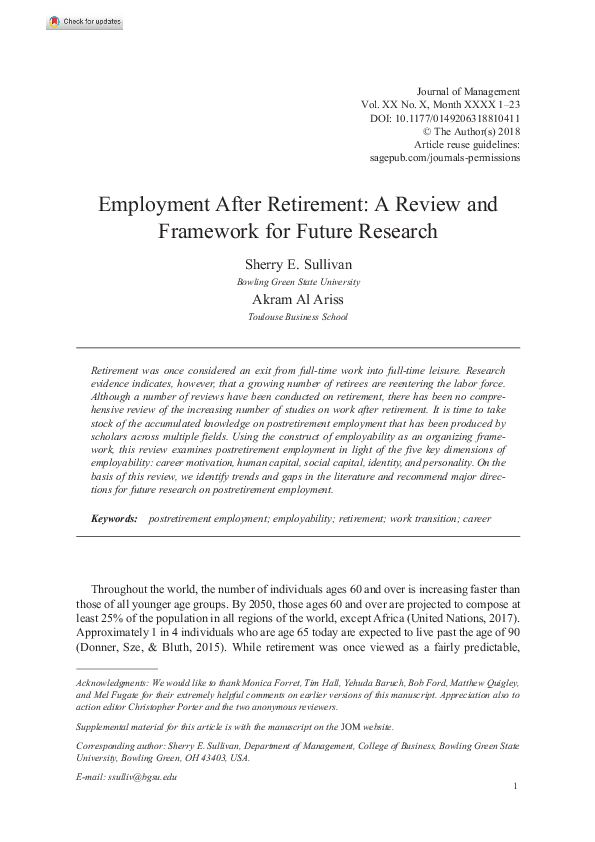 (PDF) Employment After Retirement: A Review and Framework for Future ...