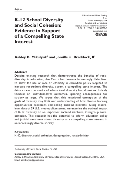 (PDF) K-12 School Diversity and Social Cohesion: Evidence in Support of ...