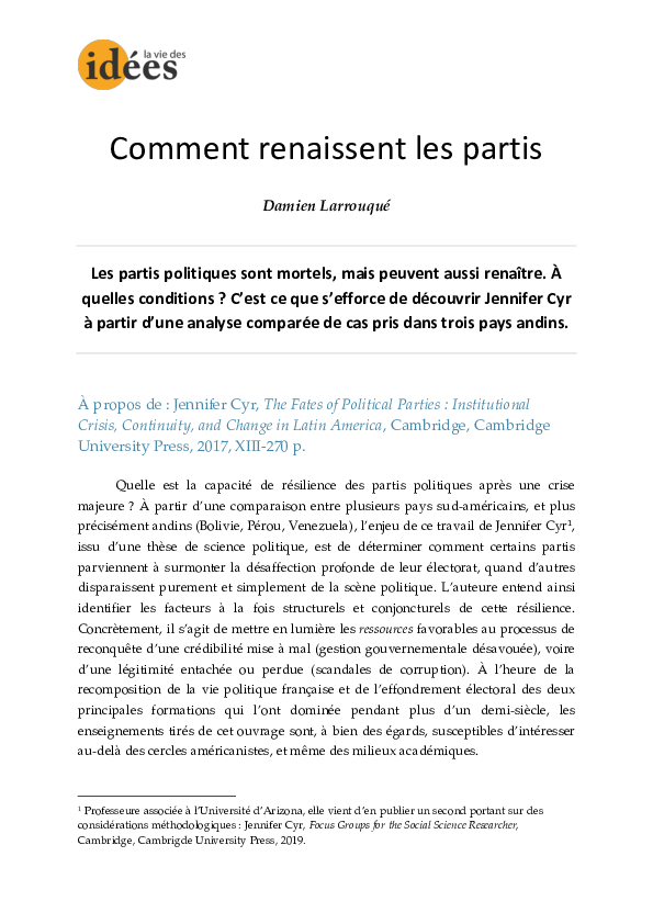 (PDF) Comment renaissent les partis. A propos de : Jennifer Cyr, The ...