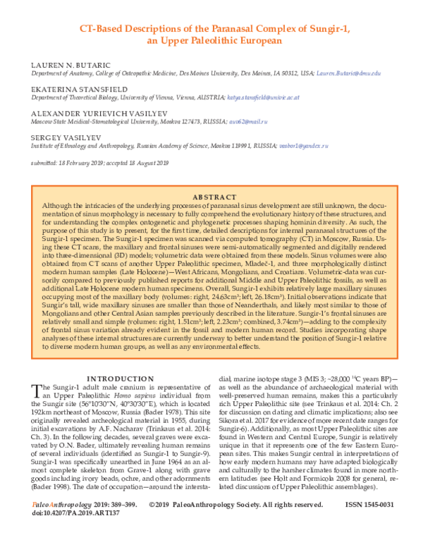 (PDF) CT-Based Descriptions of the Paranasal Complex of Sungir-1, an ...