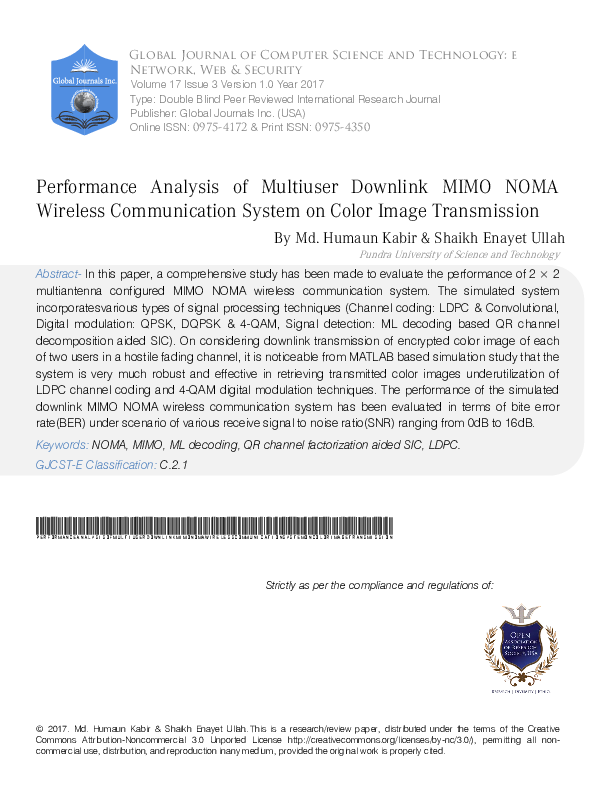 Pdf Performance Analysis Of Multiuser Downlink Mimo Noma Wireless Communication System On