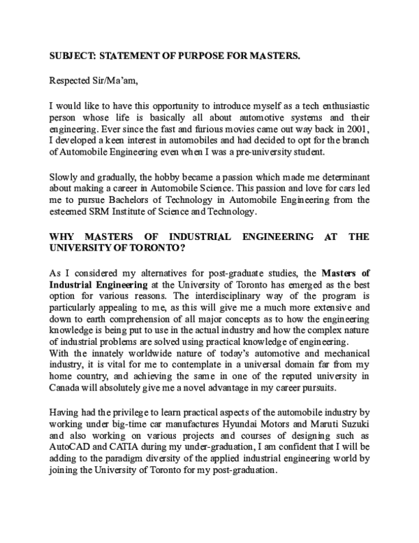 SUBJECT: STATEMENT OF PURPOSE FOR MASTERS