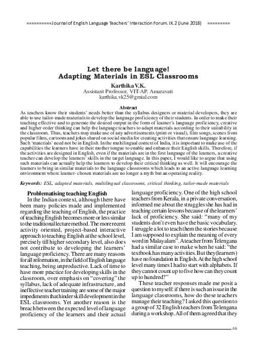 (PDF) Let there be language! Adapting Materials in ESL Classrooms
