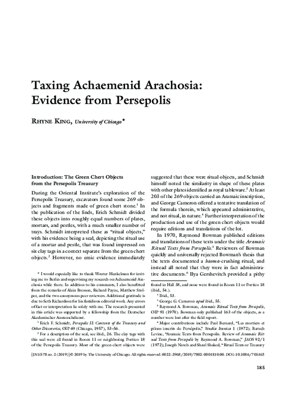 (PDF) Taxing Achaemenid Arachosia: Evidence from Persepolis (JNES 2019)