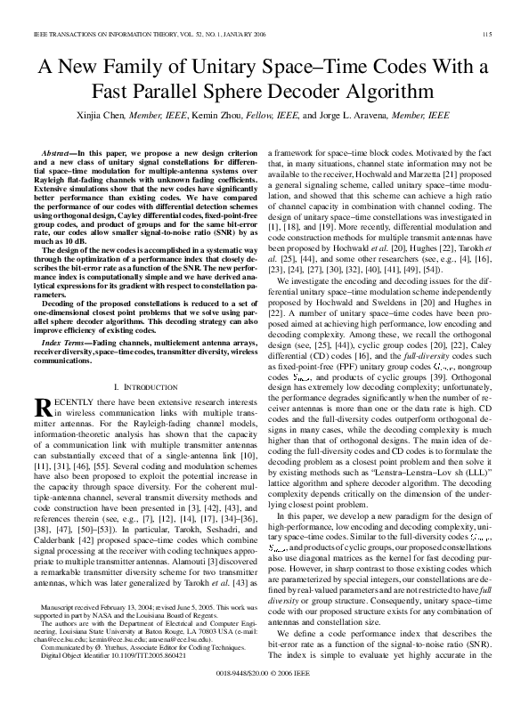 (PDF) A New Family of Unitary Space-Time Codes With a Fast Parallel ...