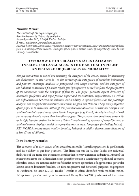(PDF) TYPOLOGY OF THE REALITY STATUS CATEGORY IN SELECTED LANGUAGES. IS ...